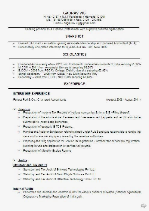 CA CV Format for Freshers
