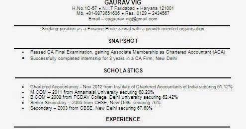 CA CV Format for Freshers