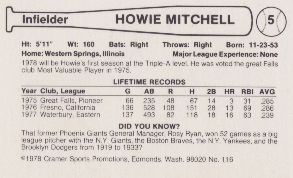 Number 5 Type Collection: 1978 Cramer Phoenix Giants Baseball #5, Howie ...