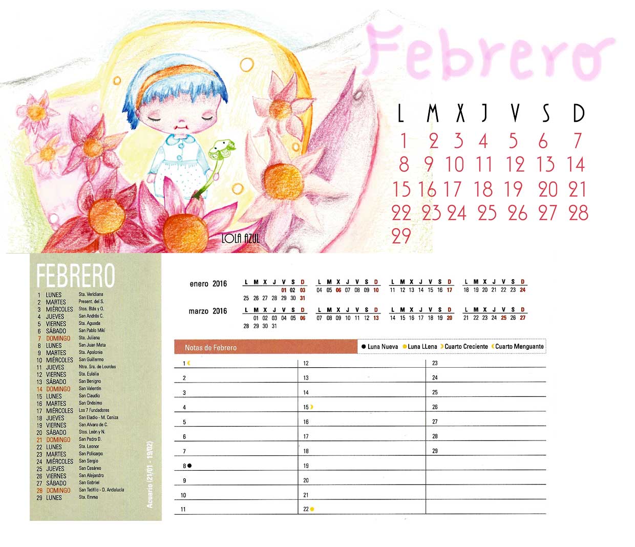 Apuntes de colores: Calendario febrero 2016