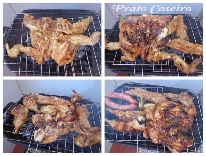 Prato Caseiro: Frango assado no churrasco com arroz branco, batata ...