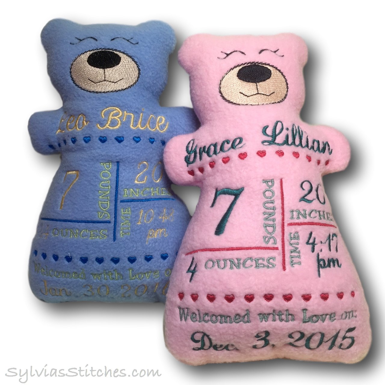 Birth Announcement Embroidered Bears - Sylvia's Stitches