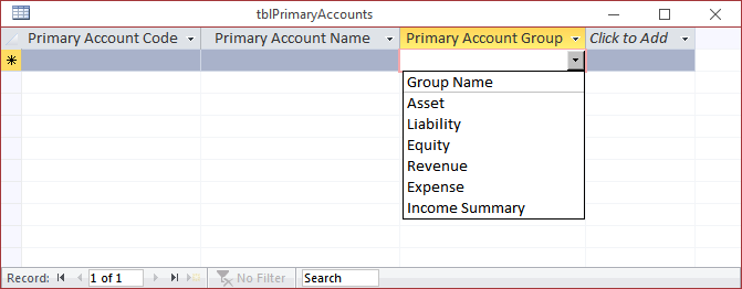 Creating Master Table for Chart of Primary Accounts