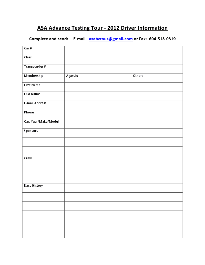 ASA Advance Testing Tour: Driver Information Form