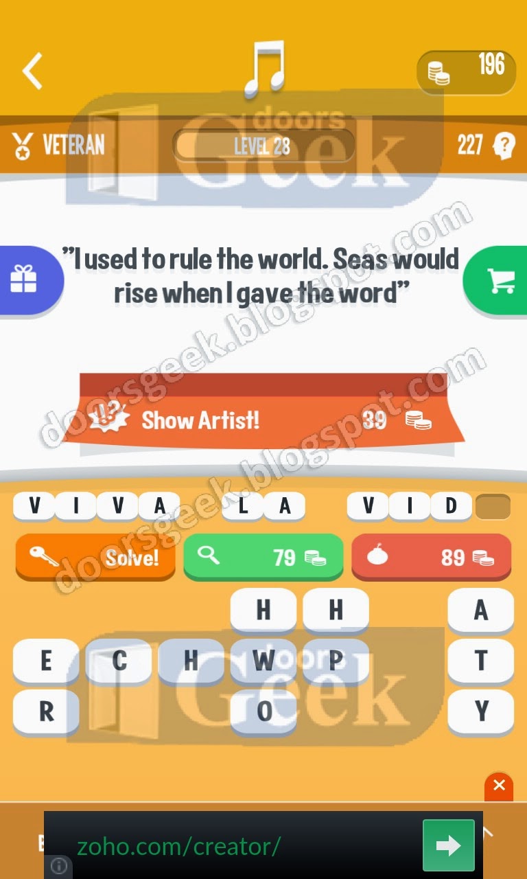 Song Quiz [Veteran] Level 28 Answer ~ Doors Geek