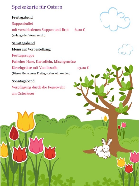 Eurocamp-Spreewaldtor: Speisekarte für Ostern