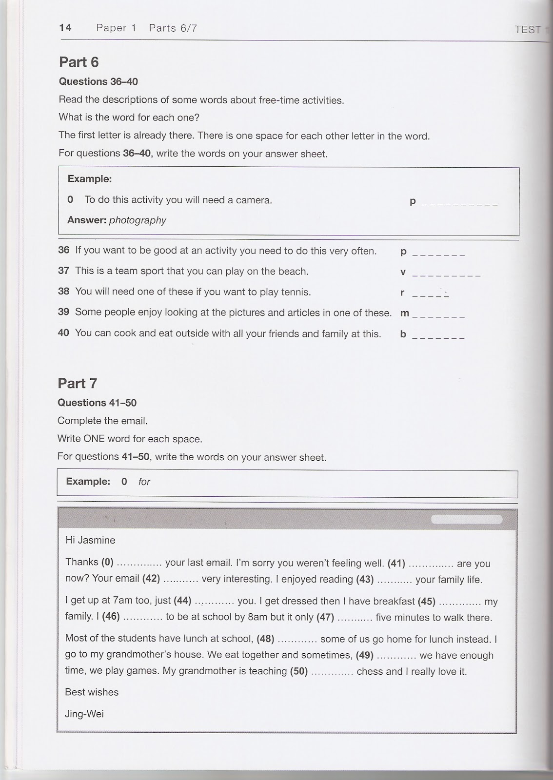 Exámenes de Cambridge : KET (Test 1) Reading and Writing