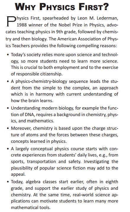 Why Physics First: An Alternative to Spiral Curriculum in the Sciences