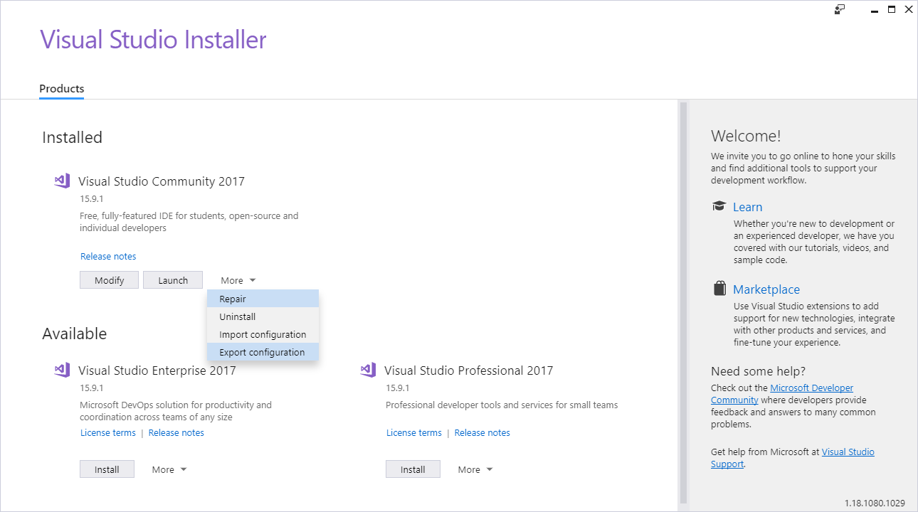 Export Visual Studio Installation Configuration