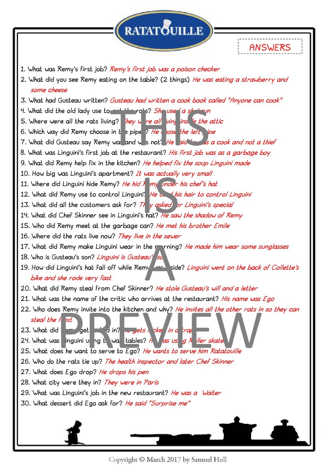 Disney's Ratatouille (2007) - Movie Questions + Activities ~ Movie ...