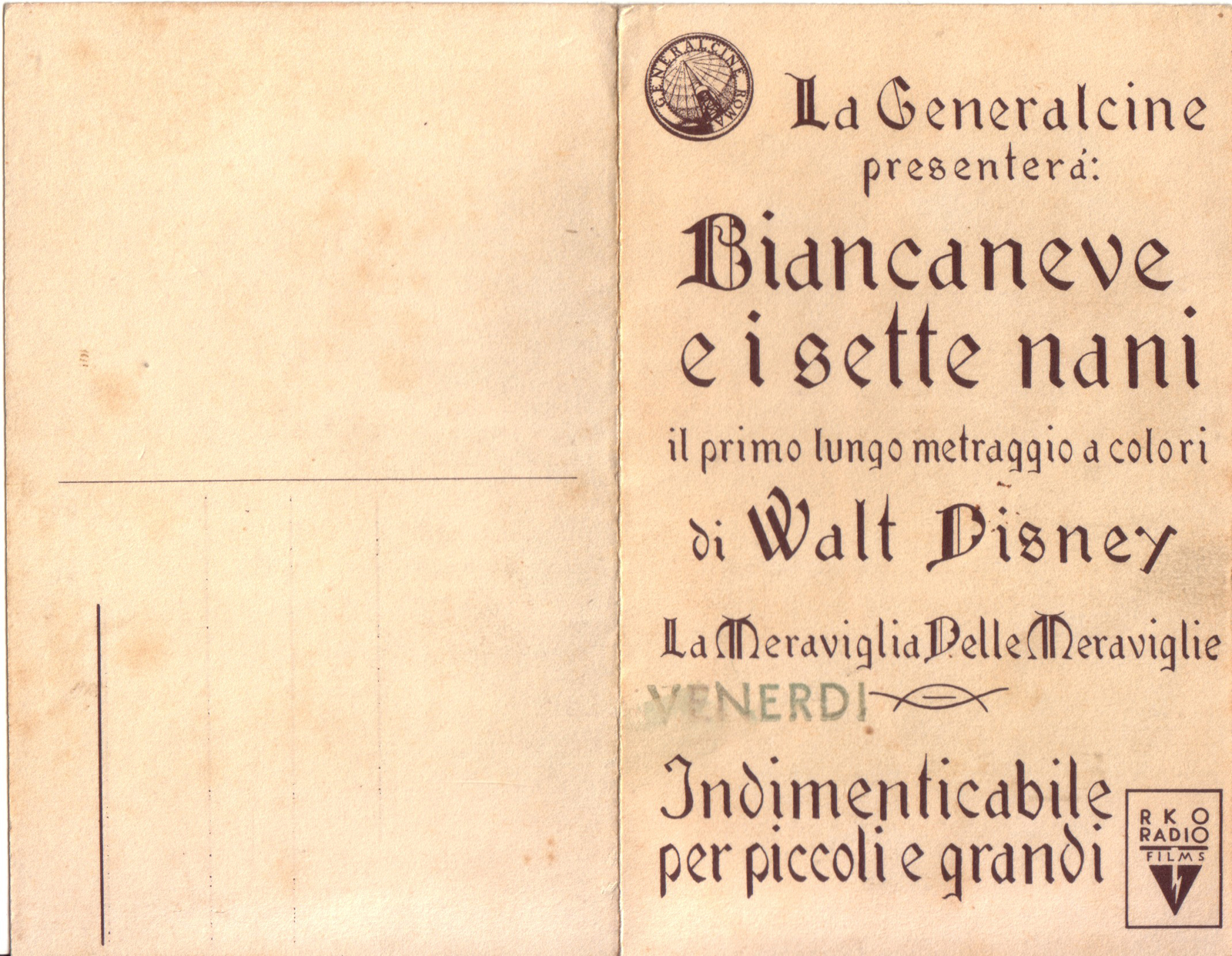 Filmic Light - Snow White Archive: 1938 Italian RKO/Generalcine Postcard