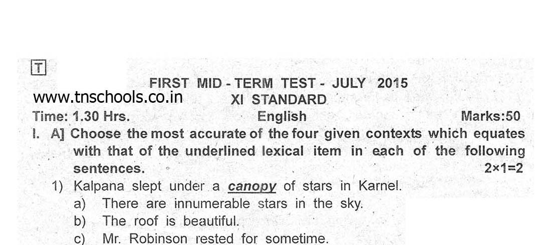 11th Standard Plus One First Midterm Previous Year Question Paper