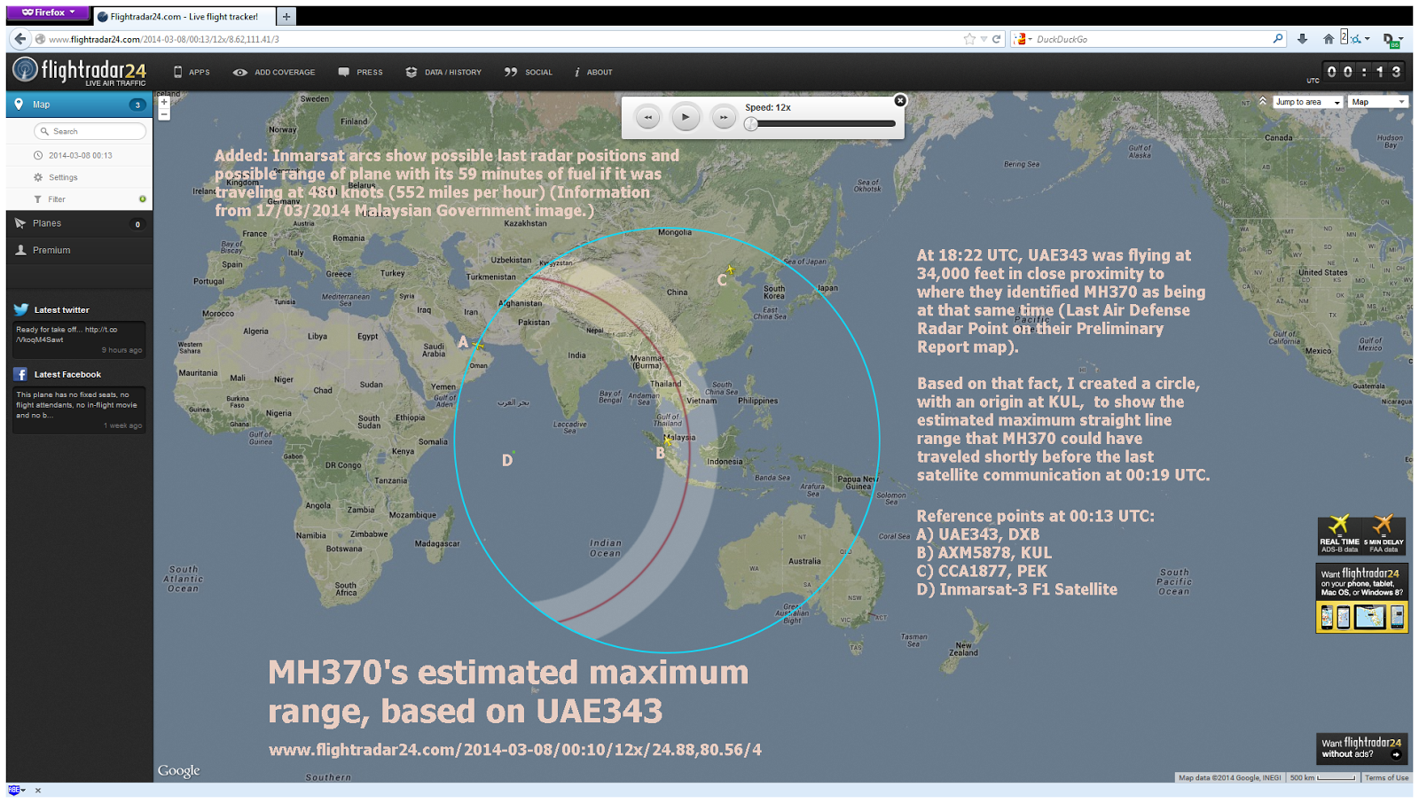 Where is MH370?: MH370's estimated maximum range, based on UAE343, with ...