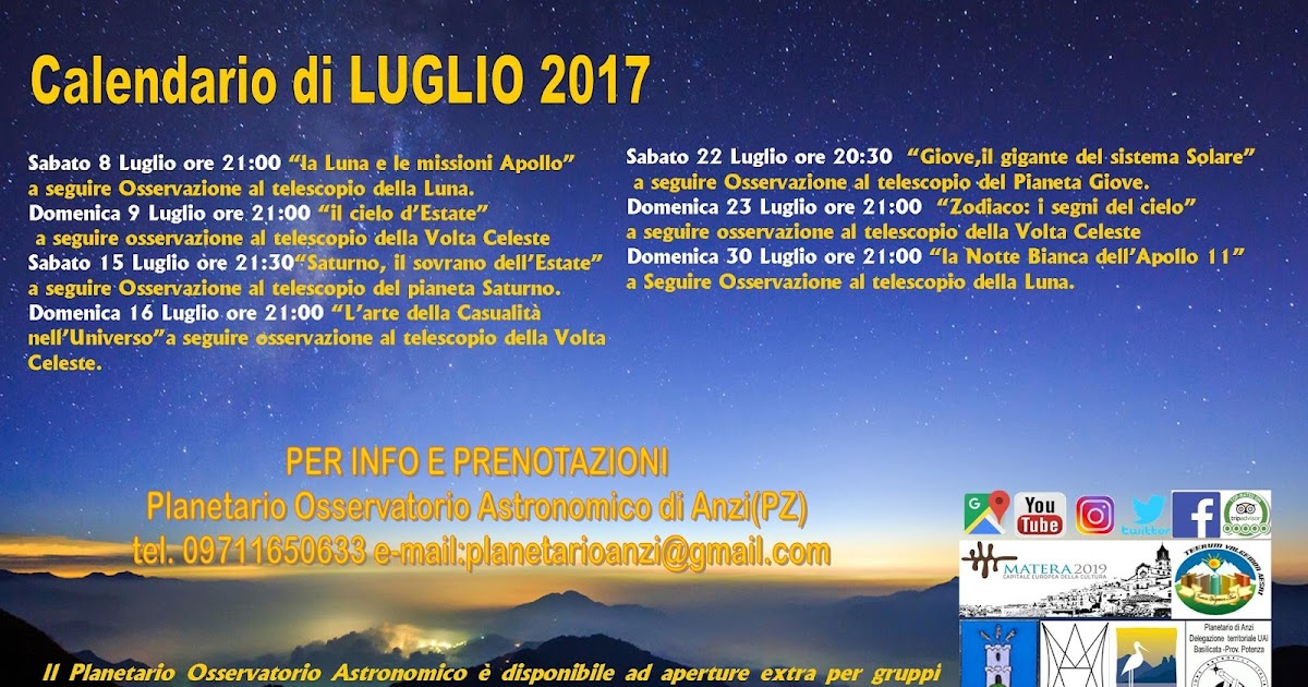 Planetario Osservatorio Astronomico Anzi: Calendario Luglio 2017