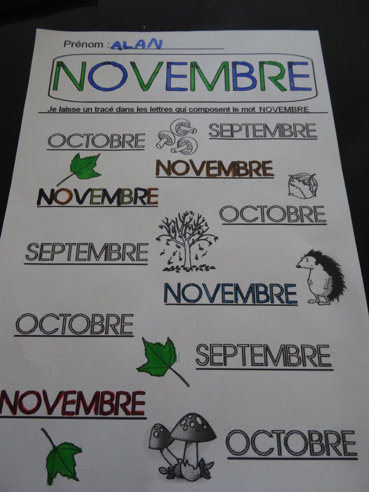 Un peu d'écriture avec le mot novembre