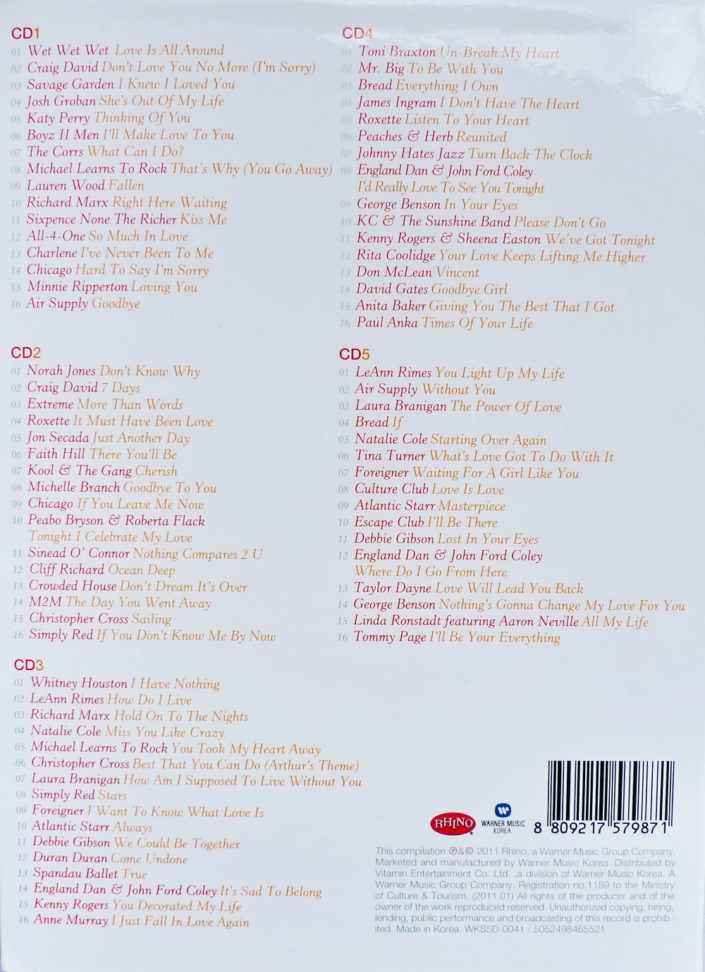 [Pop/Ballad] Various Artists - The Best Of Love Songs (2011) [5CD] [FLAC]