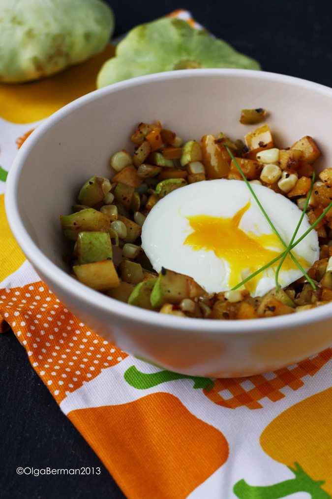 Mango & Tomato: Patty Pan Squash Succotash with a Poached Egg