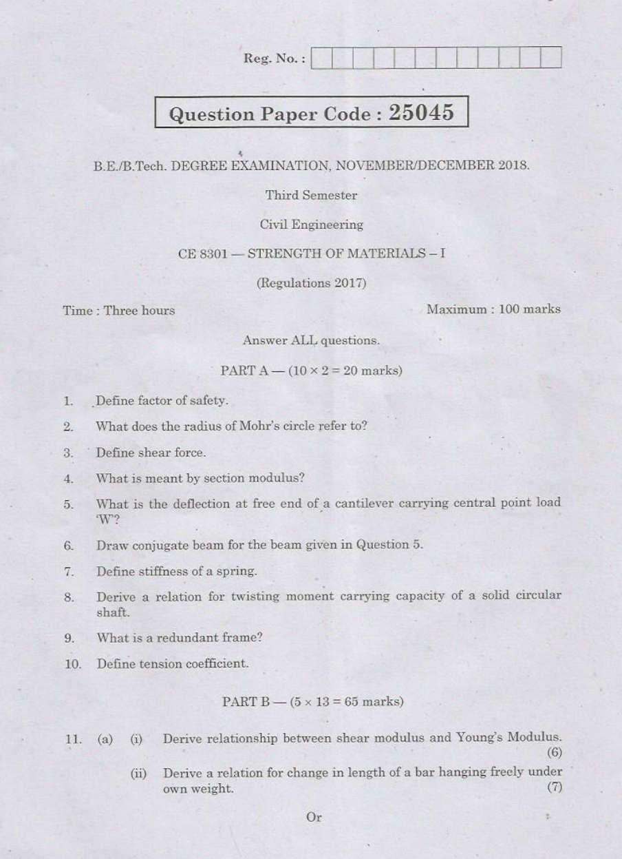 CE8301 Strength of Materials Nov Dec 2018 Question Paper - University ...