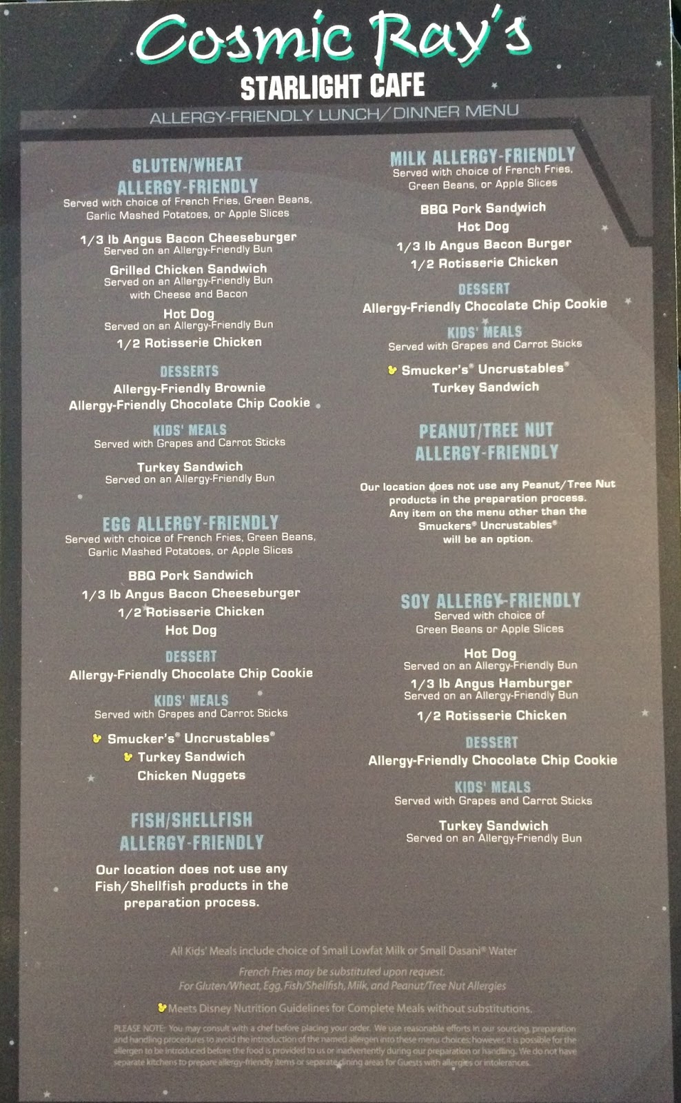 Alexis's Gluten Free Adventures: Cosmic Ray's Starlight Cafe Allergy ...