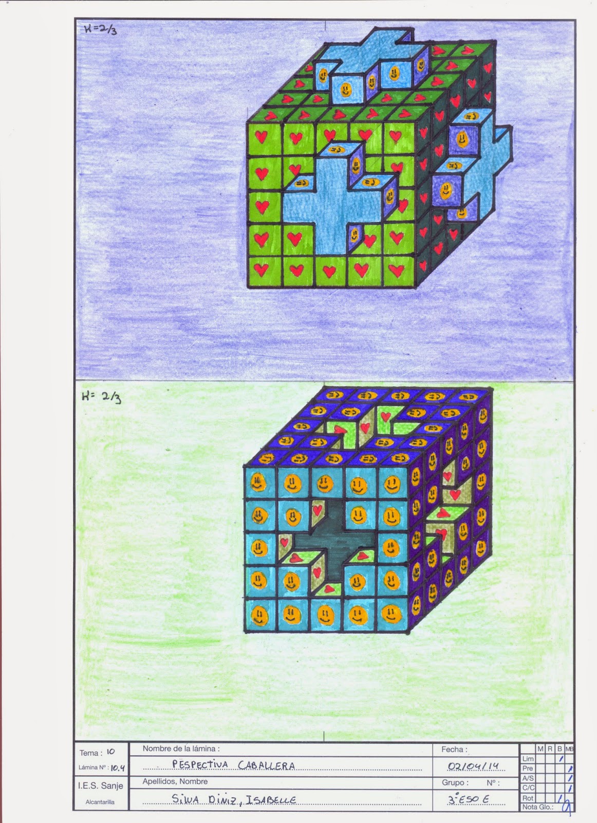 DIBUJA GARLO: Perspectiva Caballera de 2 cubos con relieves y vaciados