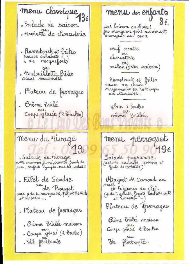 Le club français: Menu du restaurant