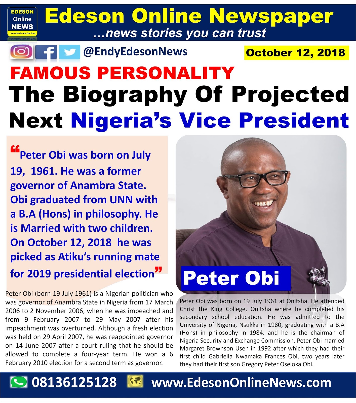 Edeson Online Newspaper: The Biography Of Peter Obi, Projected Next ...
