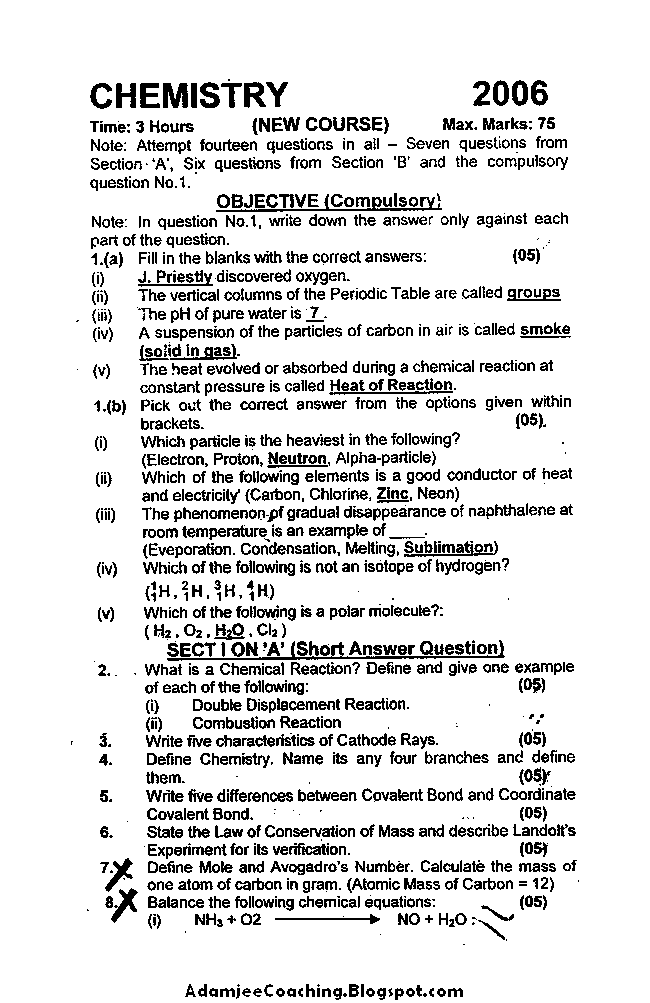 Adamjee Coaching: IX Chemistry Past Year Paper - 2006