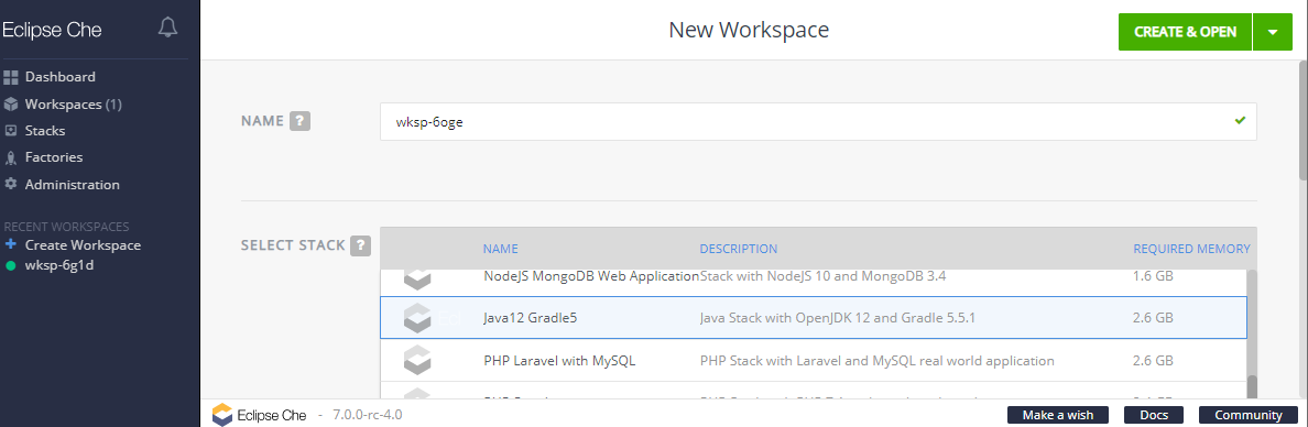 Eclipse Che に java12 のスタックを追加する - mikoto2000 の日記