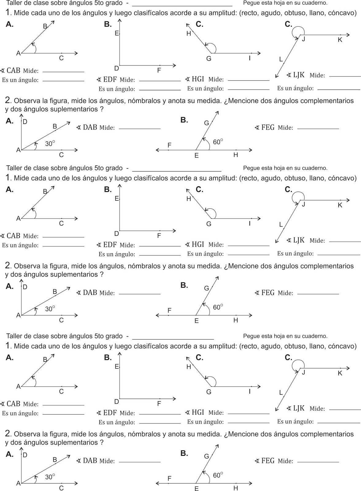 Ejercicios sobre clasificación de ángulos primaria y secundaria