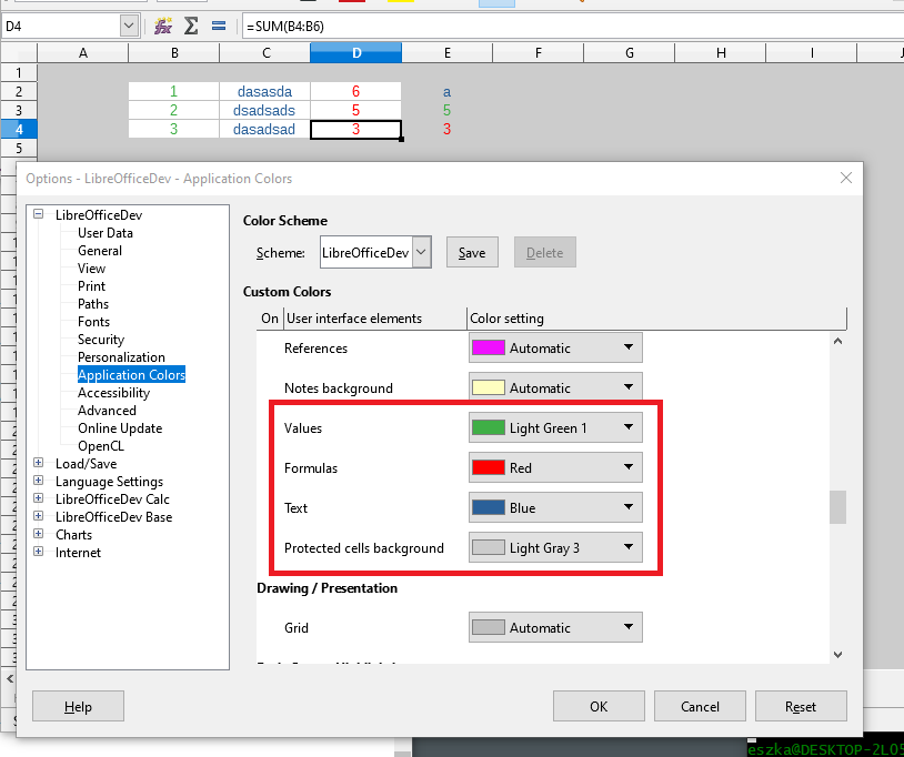 What is eszka doing: Highlight colors customization for Calc