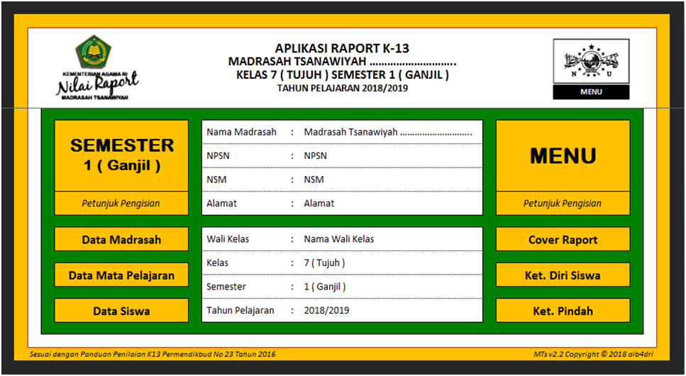 Aplikasi Rapor Excel K-13 Untuk MI, MTs dan MA ~ MTs Ma'arif 1 Jombang