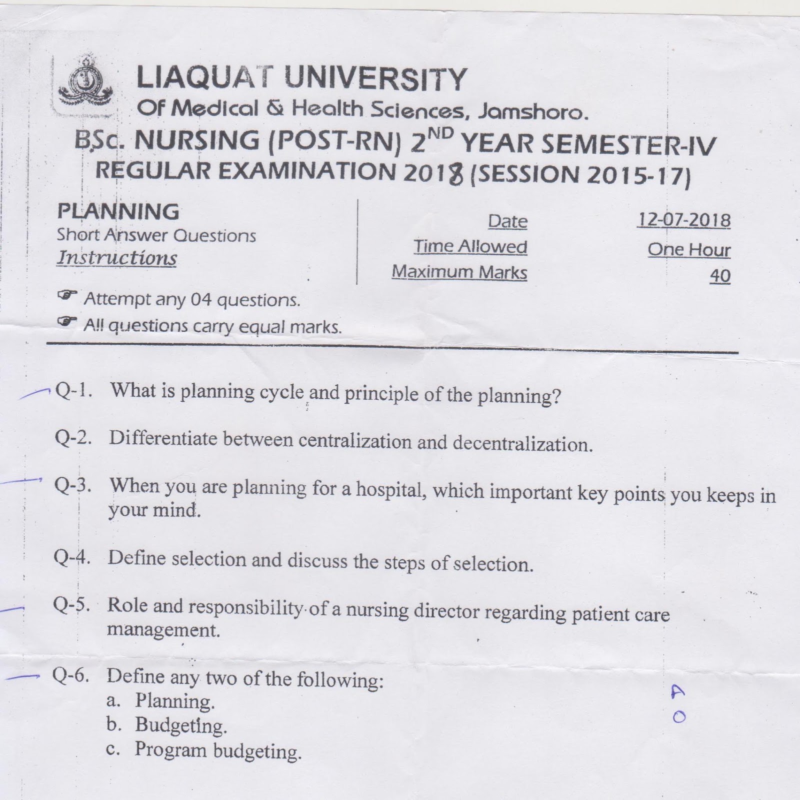 BSN Past Papers Semester 4