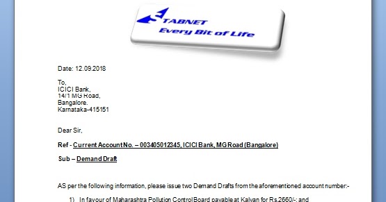 Request Letter Format To Bank For Demand Draft Issue