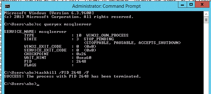 sql blog: SQL service stuck in stopping state