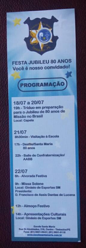 .: DE TIMBAÚBA PARA O MUNDO - Festa Jubileu 80 anos da Escola Santa ...