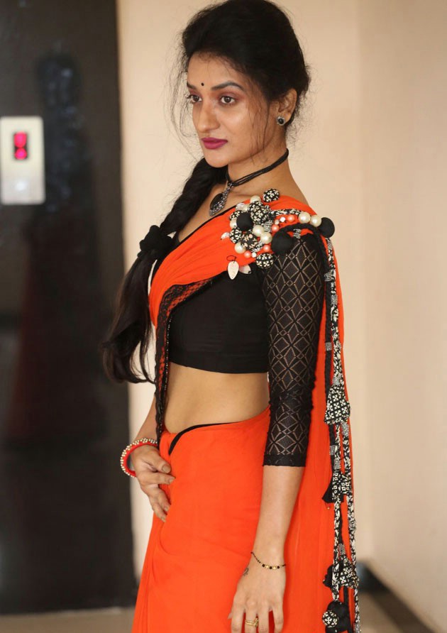 Actress Janani Reddy Hot Saree In Orange Dress - DinaPuyal