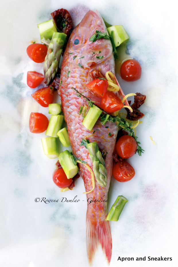 Parchment Baked Red Mullet Fish With Sun-Dried Tomatoes & Asparagus