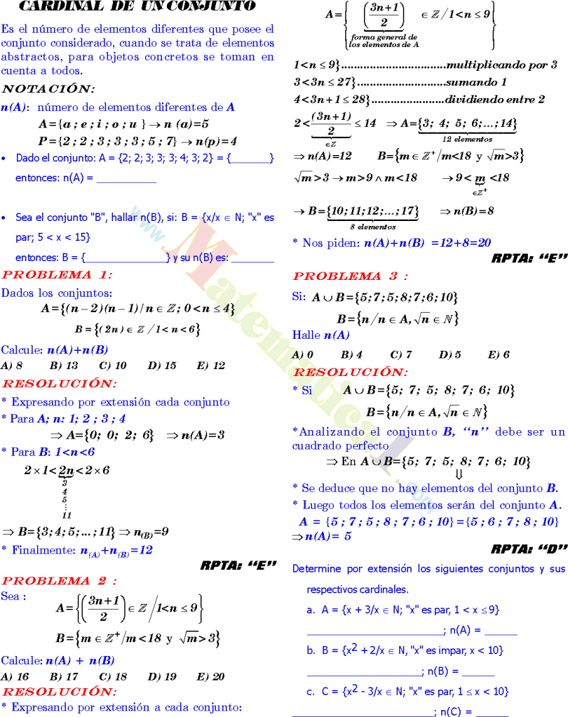 CARDINAL DE UN CONJUNTO EJEMPLOS Y EJERCICIOS RESUELTOS