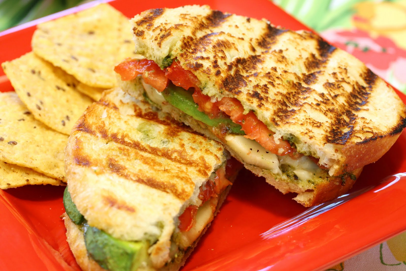 Tomato, pesto, avocado & cheese panini - Saving Room for Dessert