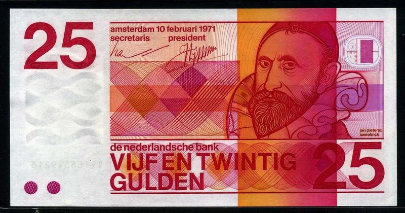 Netherlands currency 25 Gulden banknote of 1971, Jan Pieterszoon ...