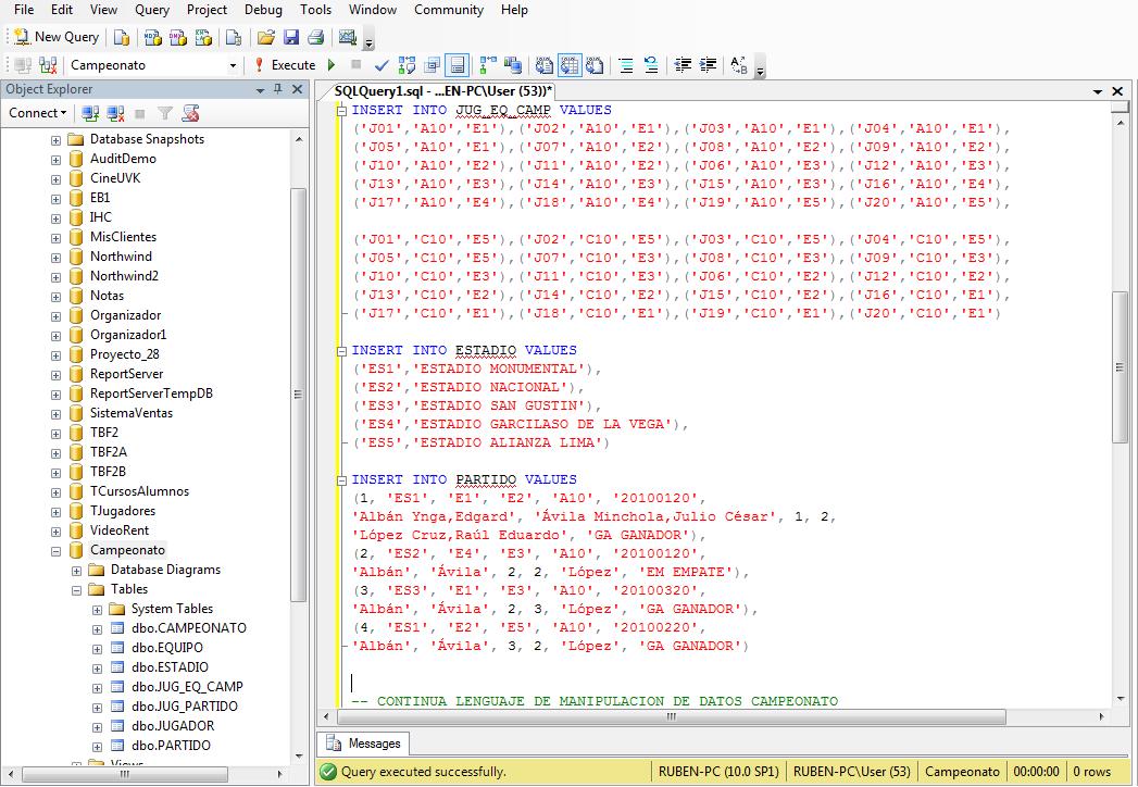 Base de Datos: DDL y DML de la BD Campeonato en SQL-Server, MySQL, PostgreSQL y Oracle