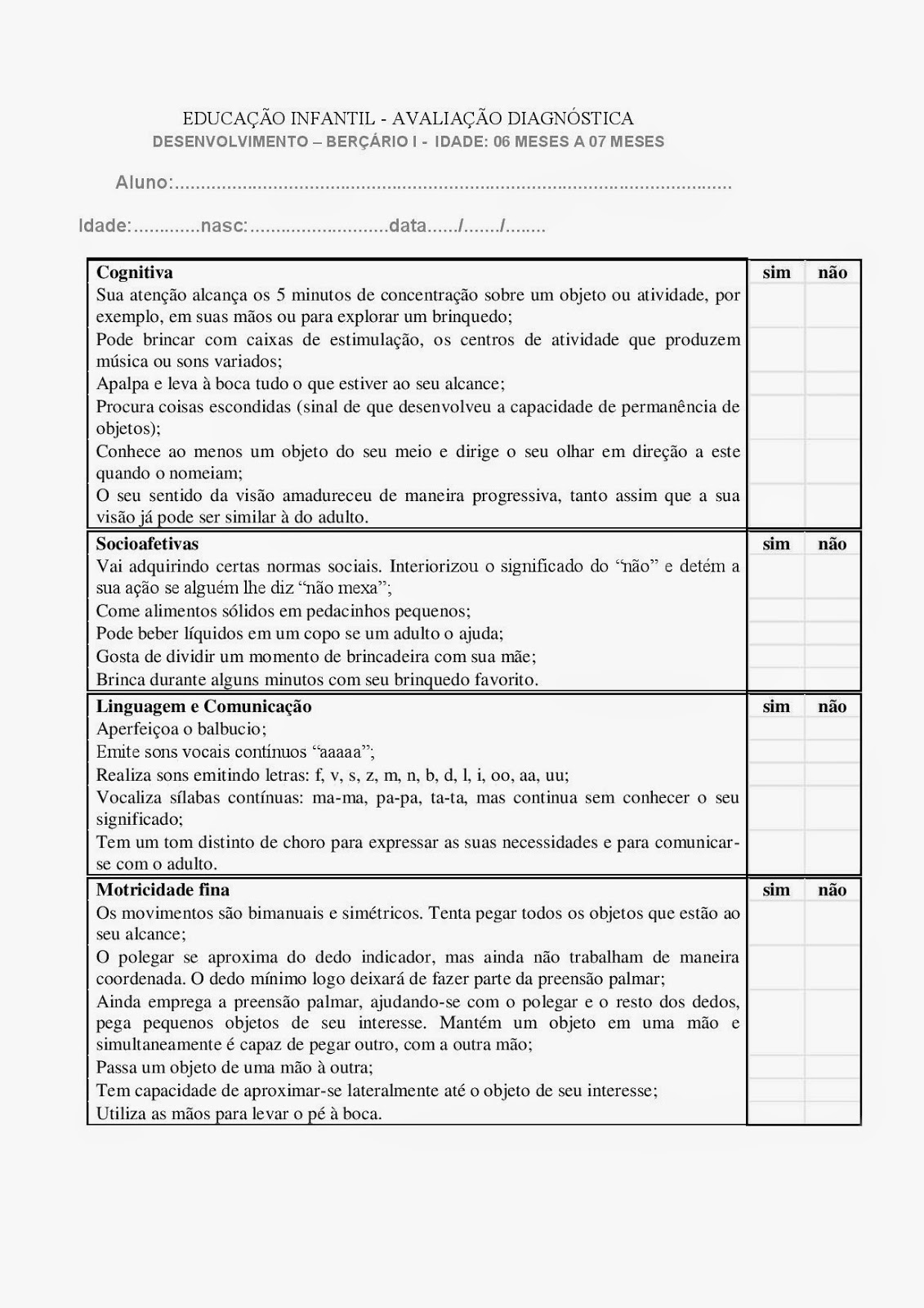 Escola Tiragem Portal: EDUCAÇÃO INFANTIL FICHAS DE AVALIAÇÃO ...