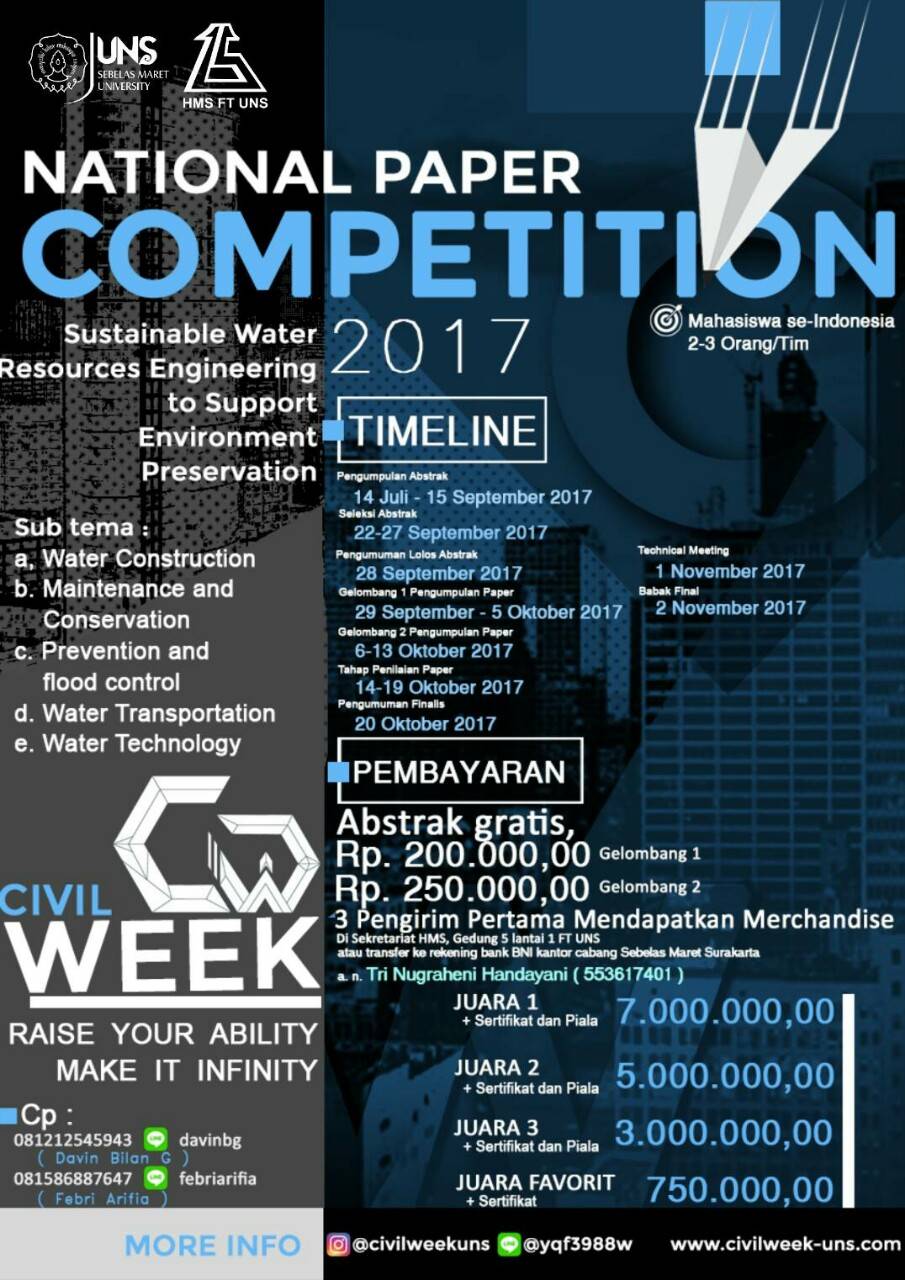 National Paper Competition CIVILWEEK 2017 di UNS - Info Lomba 2023 Terbaru