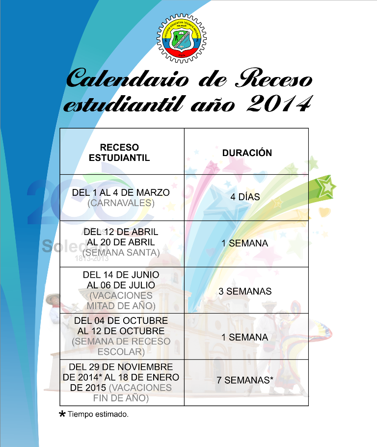 Calendario de receso estudiantil año lectivo 2014 | ITISOL María ...