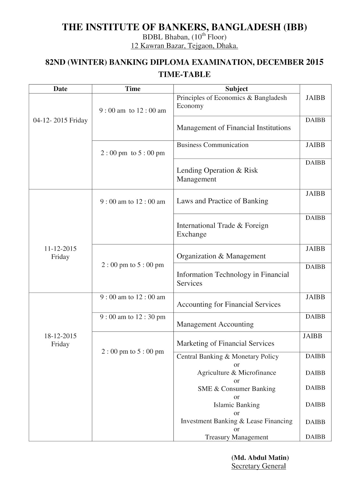 Banking Diploma Study Materials: Time table of 82nd JAIBB and DAIBB ...