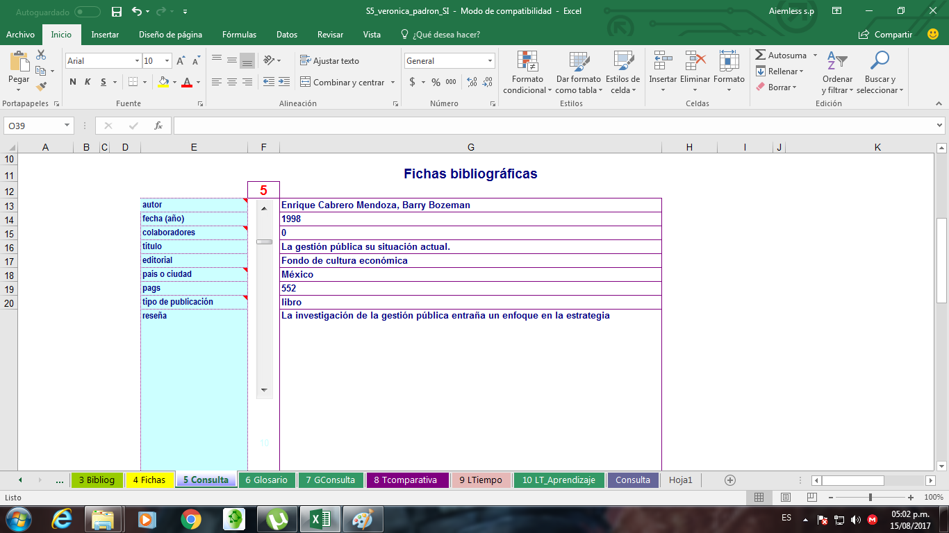fichas bibliográficas en Excel