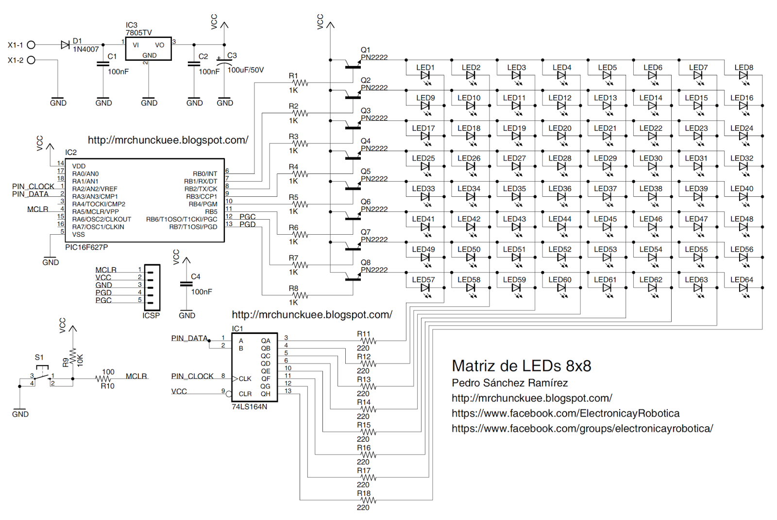 Matriz de LEDs 8x8 usando el PIC16F627 y registro de corrimiento 74LS164