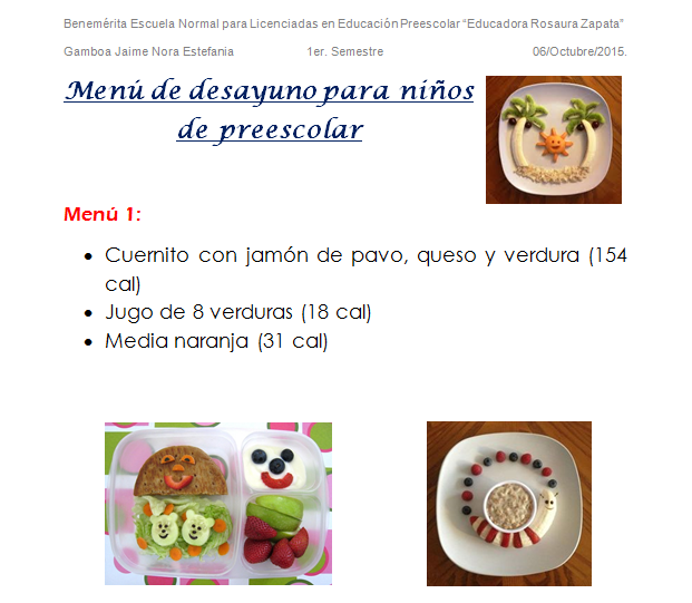 Lic. en Educación Preescolar: Menu de desayuno para niños de preescolar