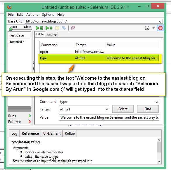 Selenium-By-Arun: Using type command in Selenium IDE for typing text into a text area field