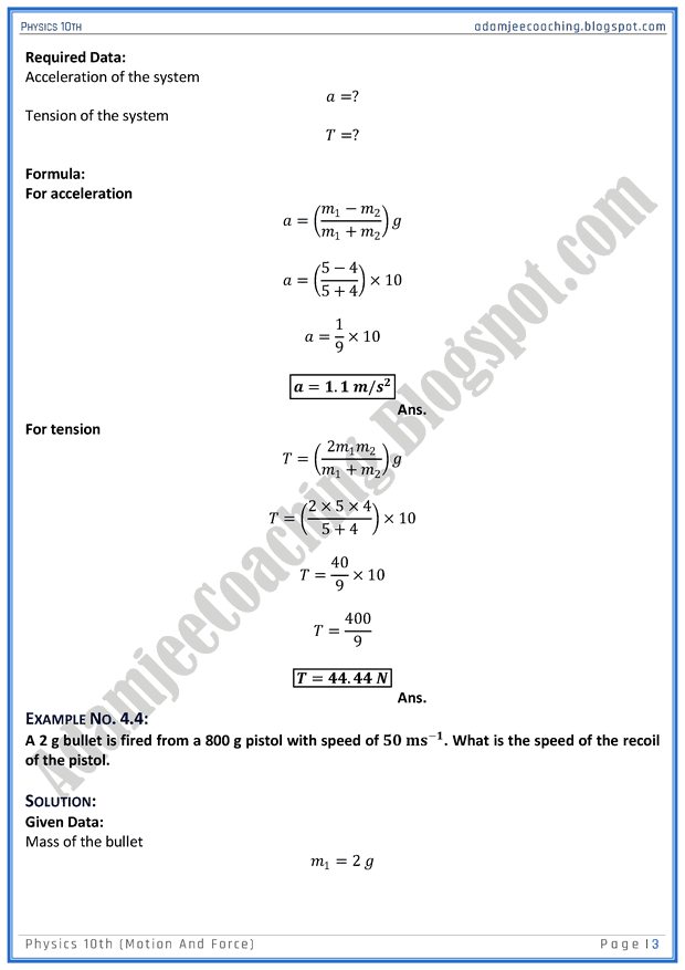 Adamjee Coaching: Motion and Force - Solved Numericals - Physics 10th